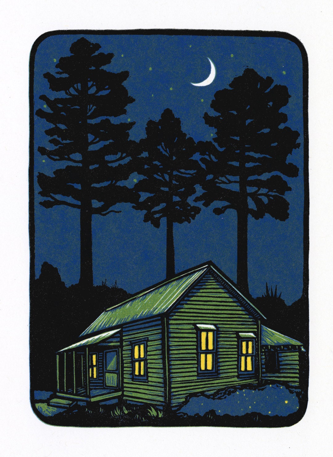 Longleaf Pines by Night // Letterpress/linocut Signed Print // Old ...