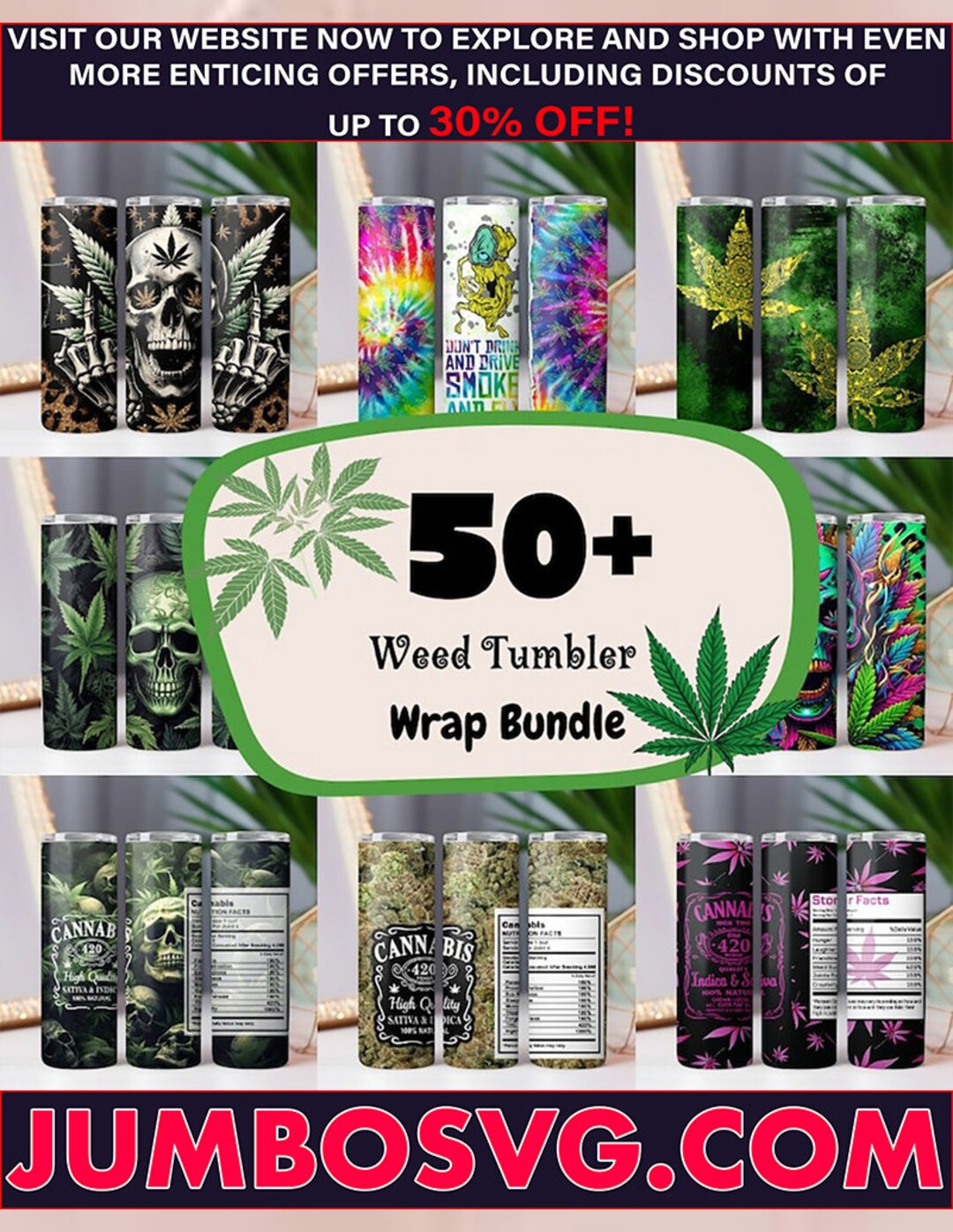 50 Weed Tumbler Wrap Bundle, Weed Sublimation, Marijuana Tumbler, Weed ...