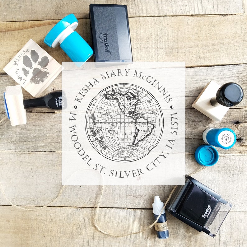 Map Stamp World Stamp Self-inking Address Stamp Globe - Etsy