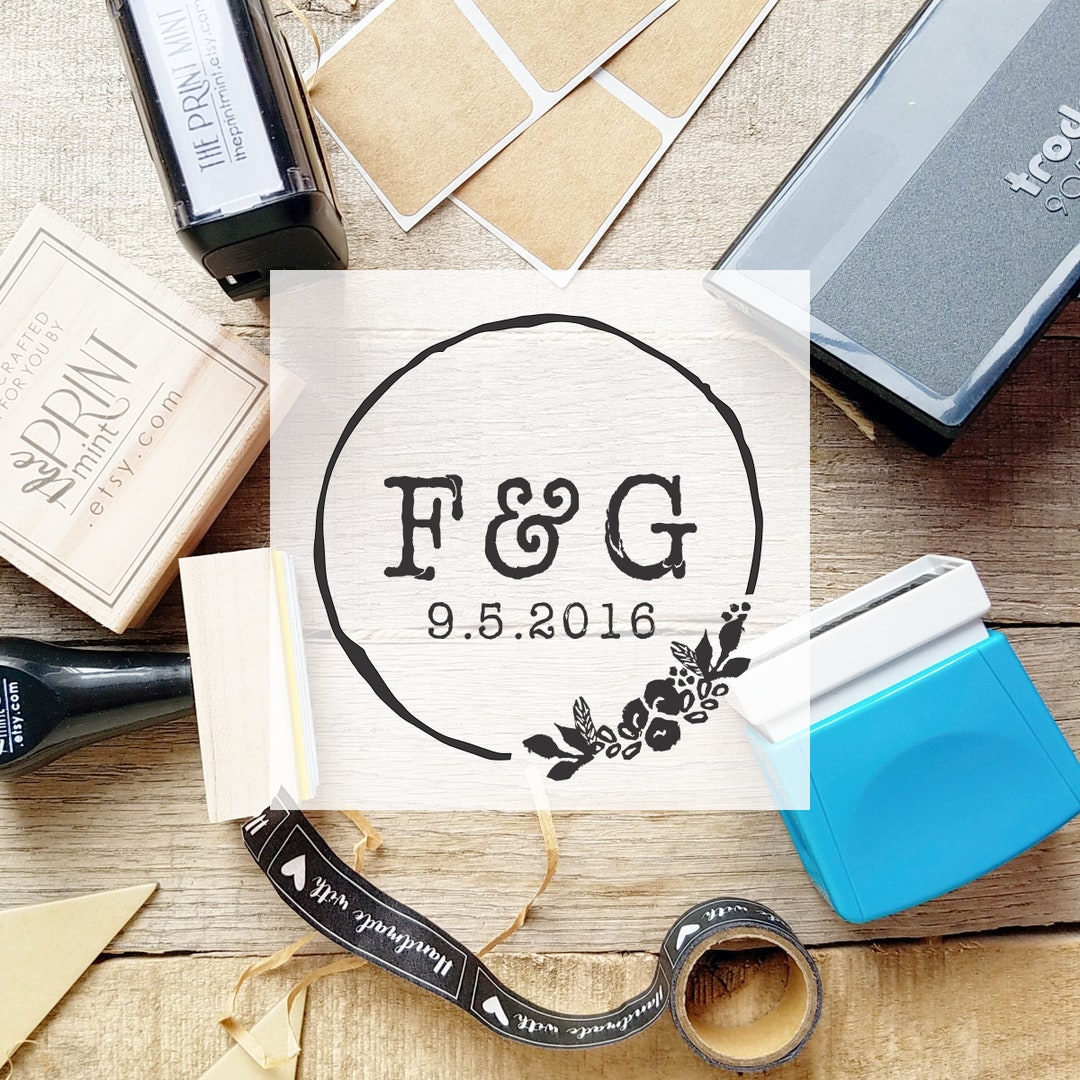 Round Floral Wedding Stamp, Initials Wood Stamp, Wedding Favors Rubber ...