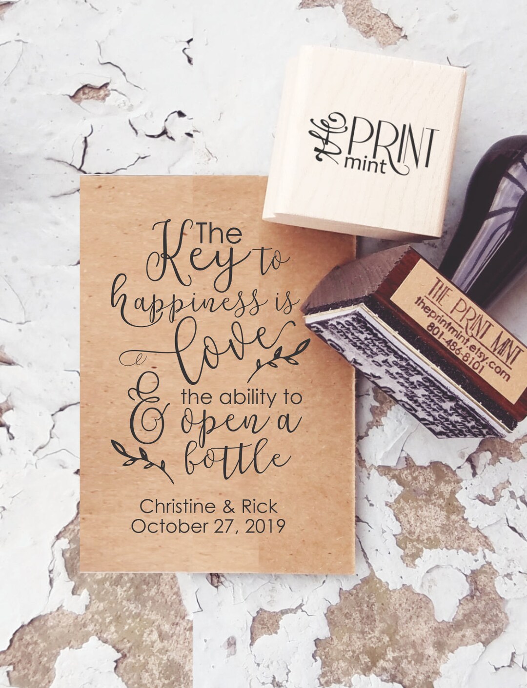 Key Wedding Favors Tag Rubber Stamp, Love and an Open Bottle, Rustic ...