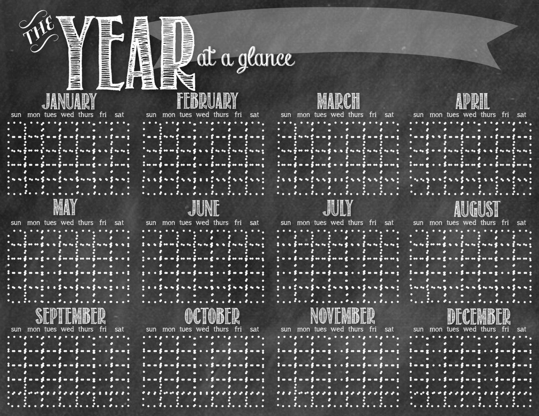Year at a Glance Chalkboard Calendar - Black - INSTANT DOWNLOAD - Etsy