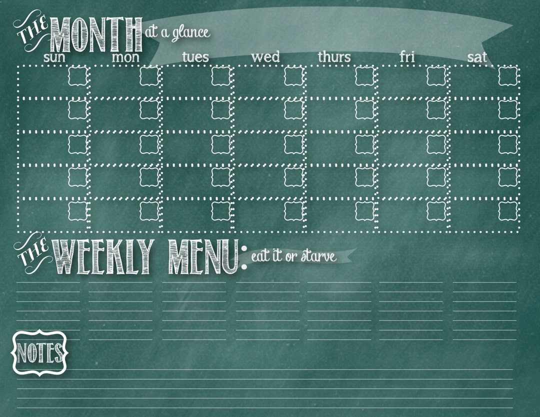 Chalkboard Calendar & Menu Combo - Blue - INSTANT DOWNLOAD - Etsy