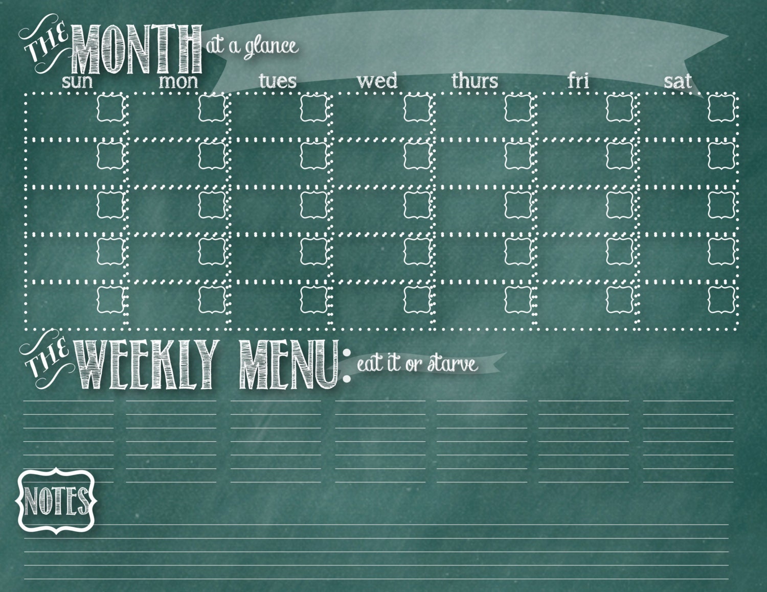 Chalkboard Calendar & Menu Combo - Blue - INSTANT DOWNLOAD - Etsy