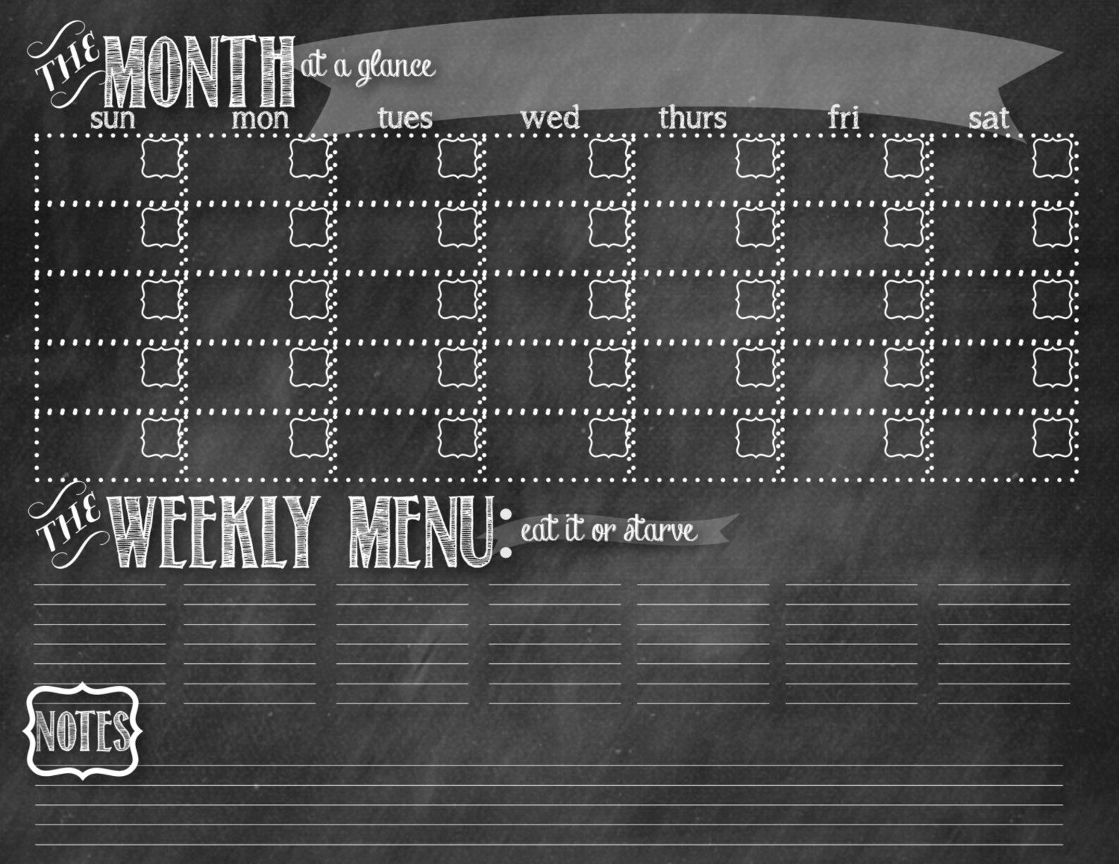 Chalkboard Calendar & Menu Combo - Black - INSTANT DOWNLOAD - Etsy