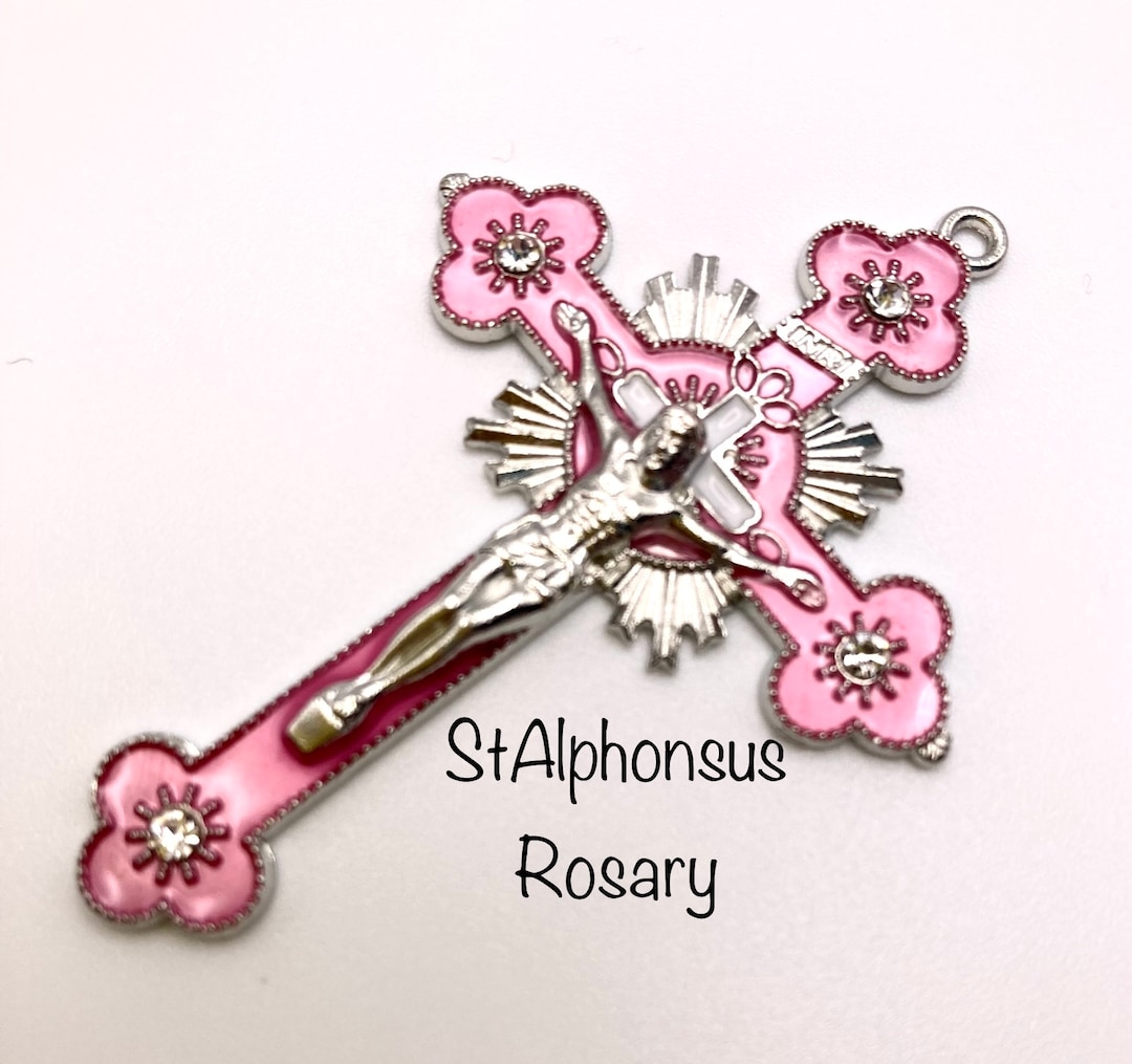 Pink Enamel Rhinestone Deluxe Rosary Crucifix or Pendant | Large Rosary ...