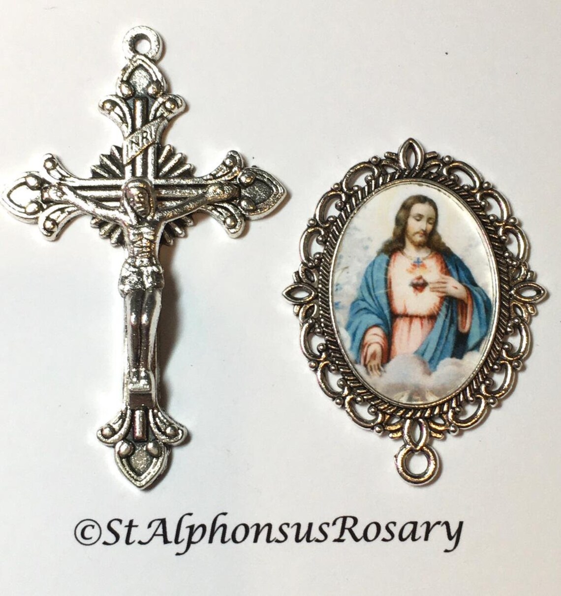 Sacred Heart of Jesus Blue Robe One Rosary Set Silver Crucifix and ...