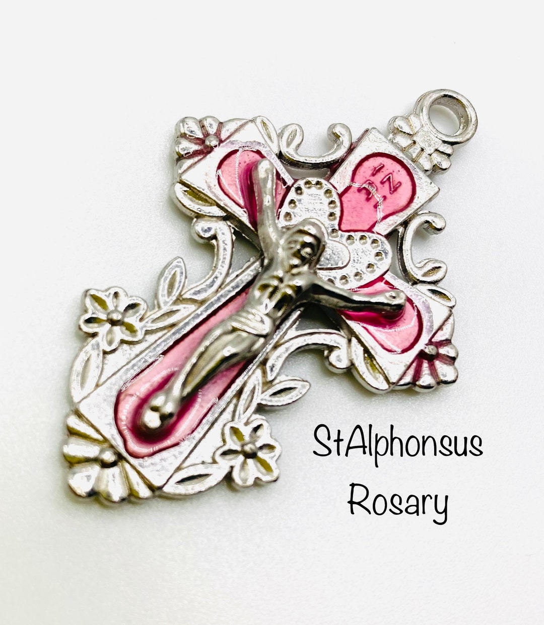 Deluxe Pink Enamel Hearts and Flowers Rosary Crucifix or Pendant ...