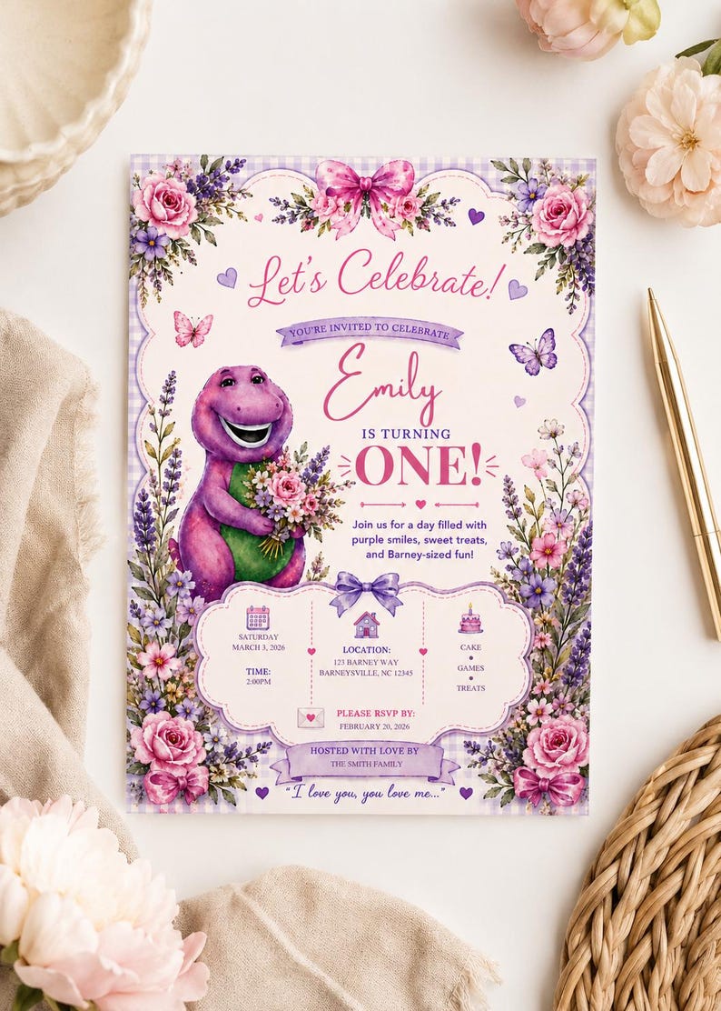 Barney Birthday Invitation Template, Editable Canva Invite, Purple ...