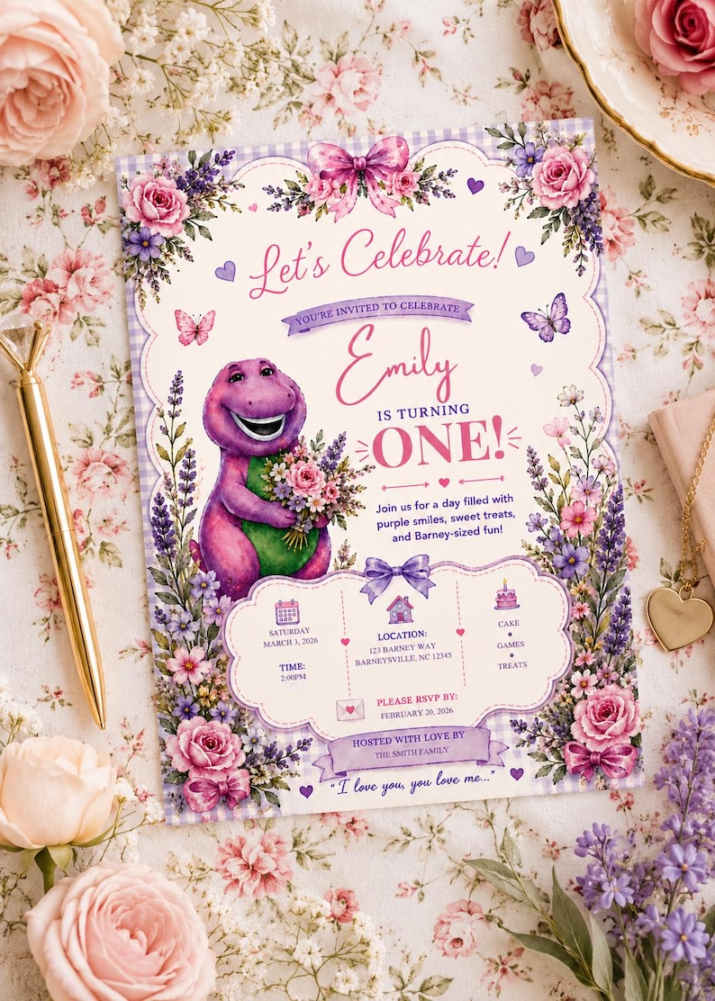 Barney Birthday Invitation Template, Editable Canva Invite, Purple ...