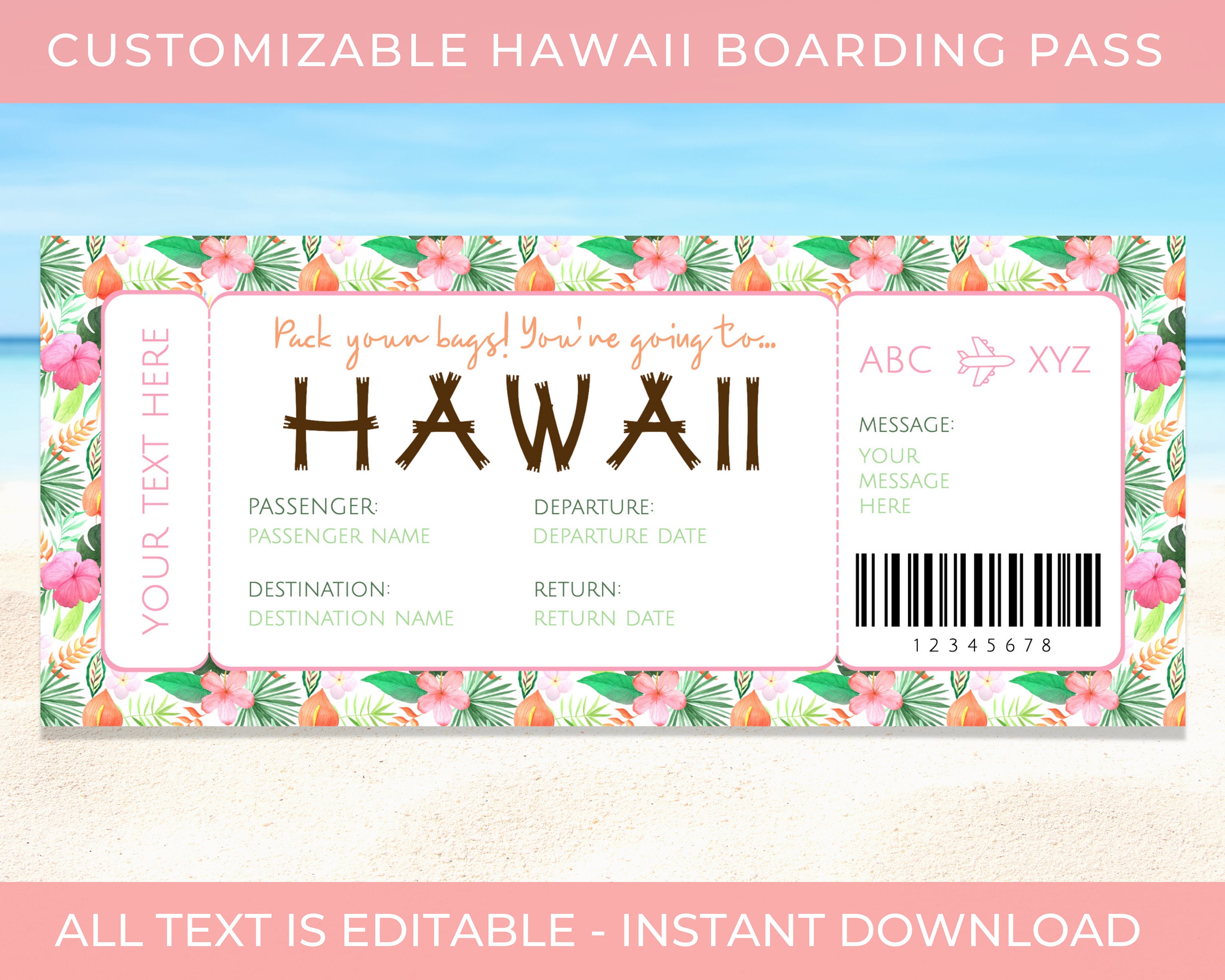 Editable Airline Ticket, Personalized Hawaiian Boarding Pass Printable ...