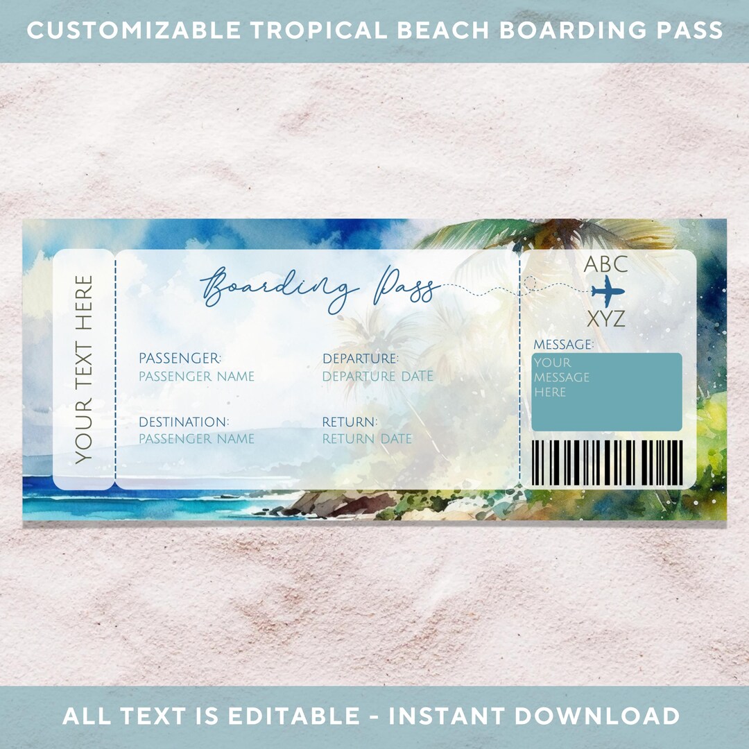 Printable Beach Vacation Ticket, Experience Gift Voucher, Editable ...