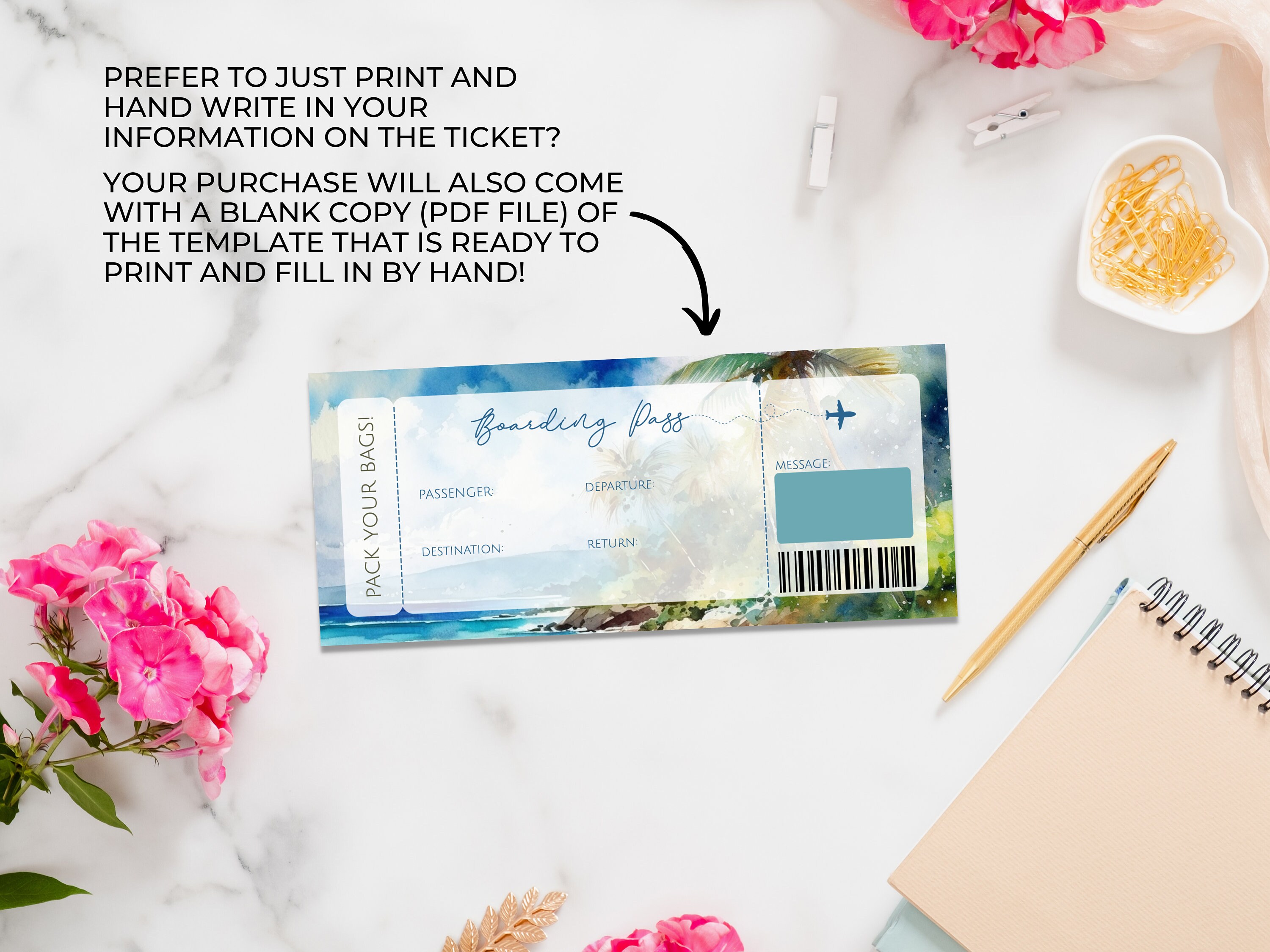Printable Beach Vacation Ticket, Experience Gift Voucher, Editable ...