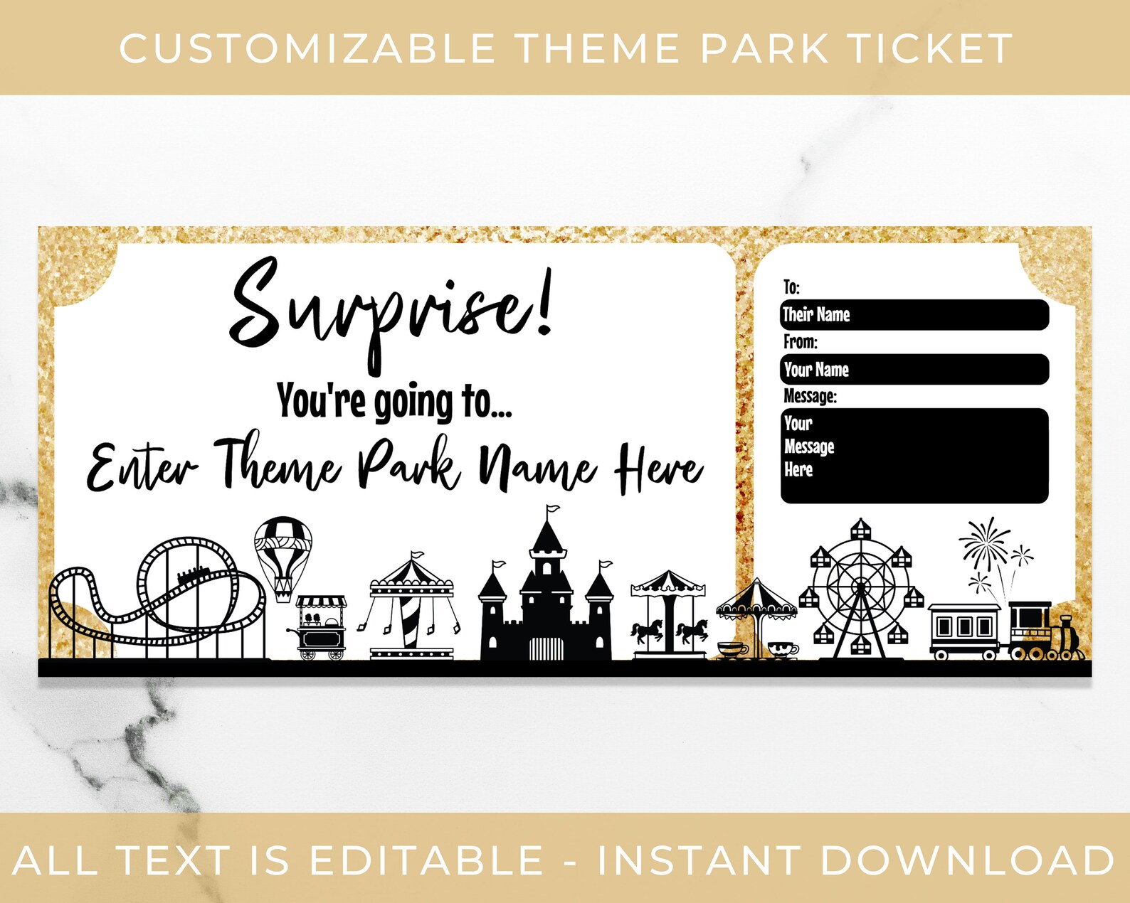 Theme Park Ticket Template, Personalized Admission Ticket for Amusement ...