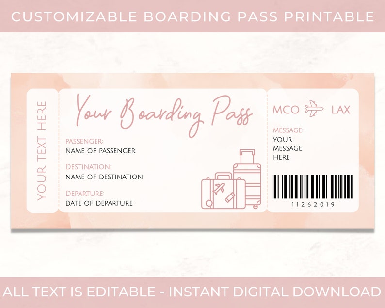 Personalized Boarding Pass, Editable Airline Ticket Printable, Surprise ...