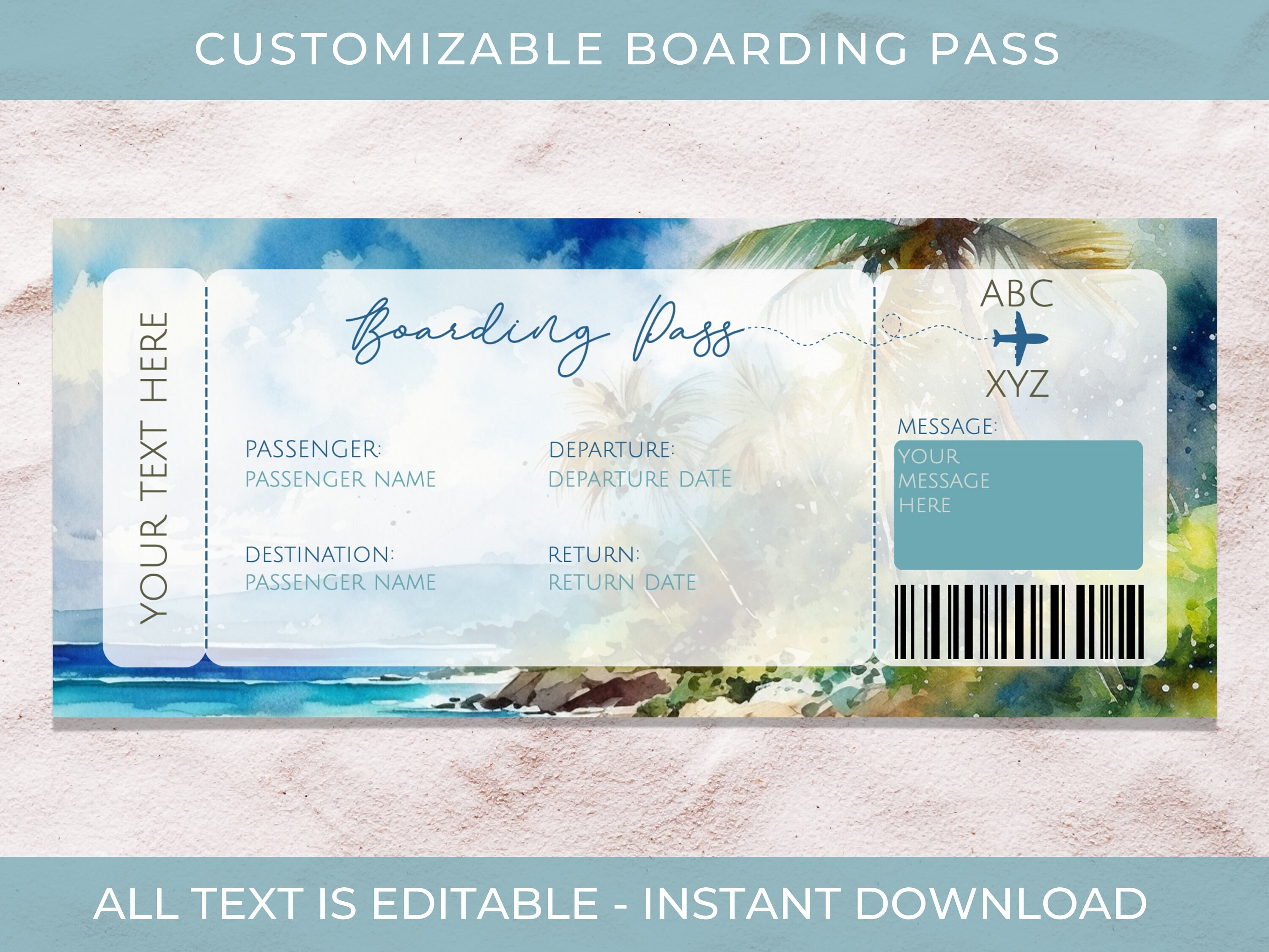 Printable Beach Vacation Ticket, Experience Gift Voucher, Editable ...