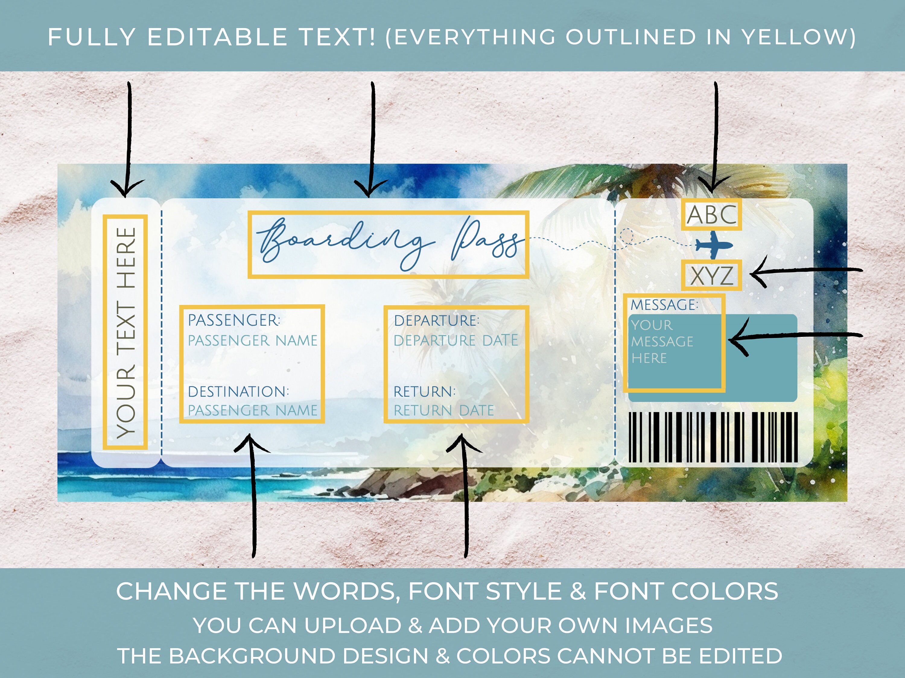 Printable Beach Vacation Ticket, Experience Gift Voucher, Editable ...