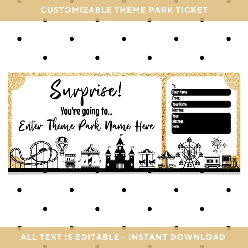 Theme Park Ticket Template, Personalized Admission Ticket for Amusement ...