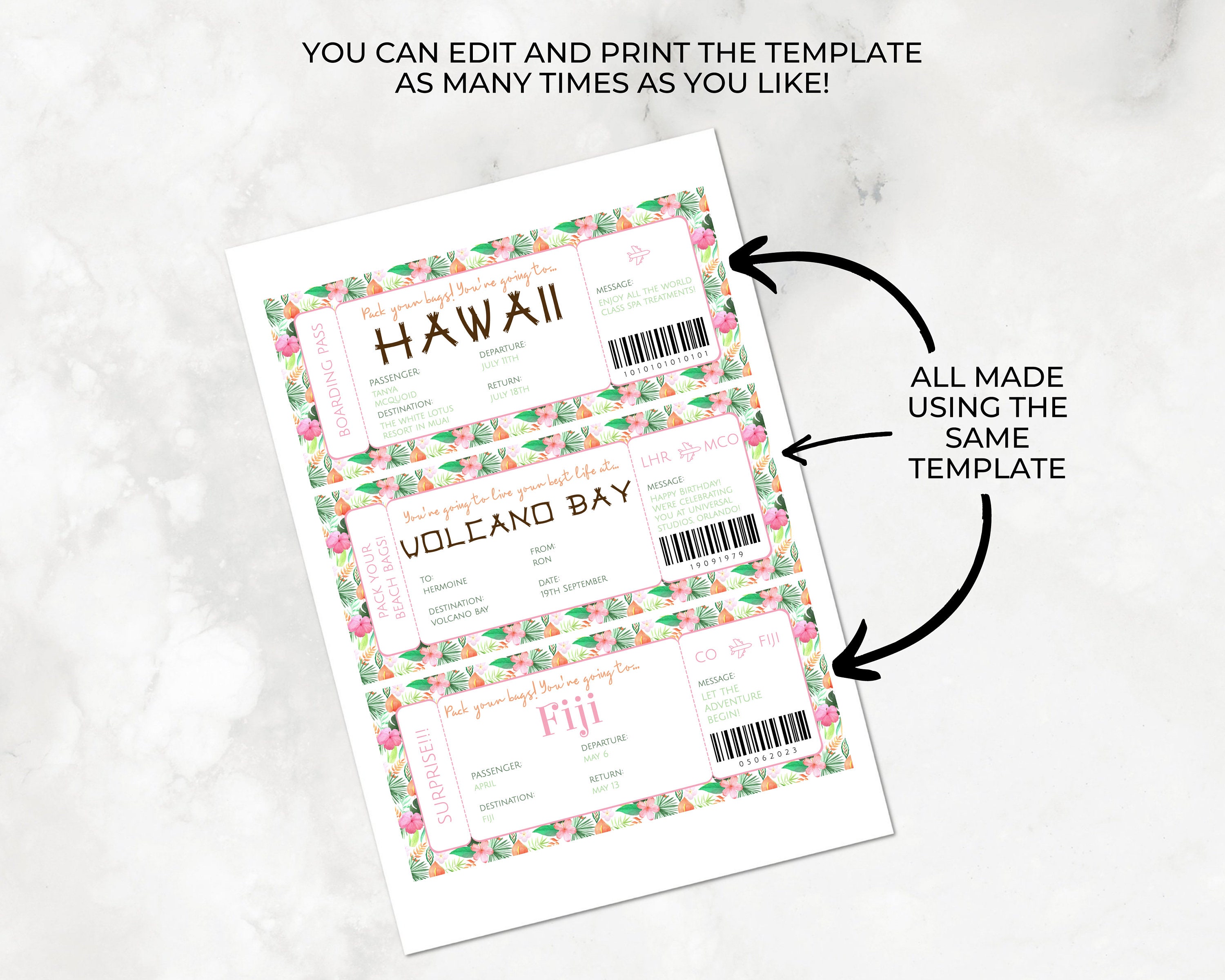 Editable Airline Ticket, Personalized Hawaiian Boarding Pass Printable ...