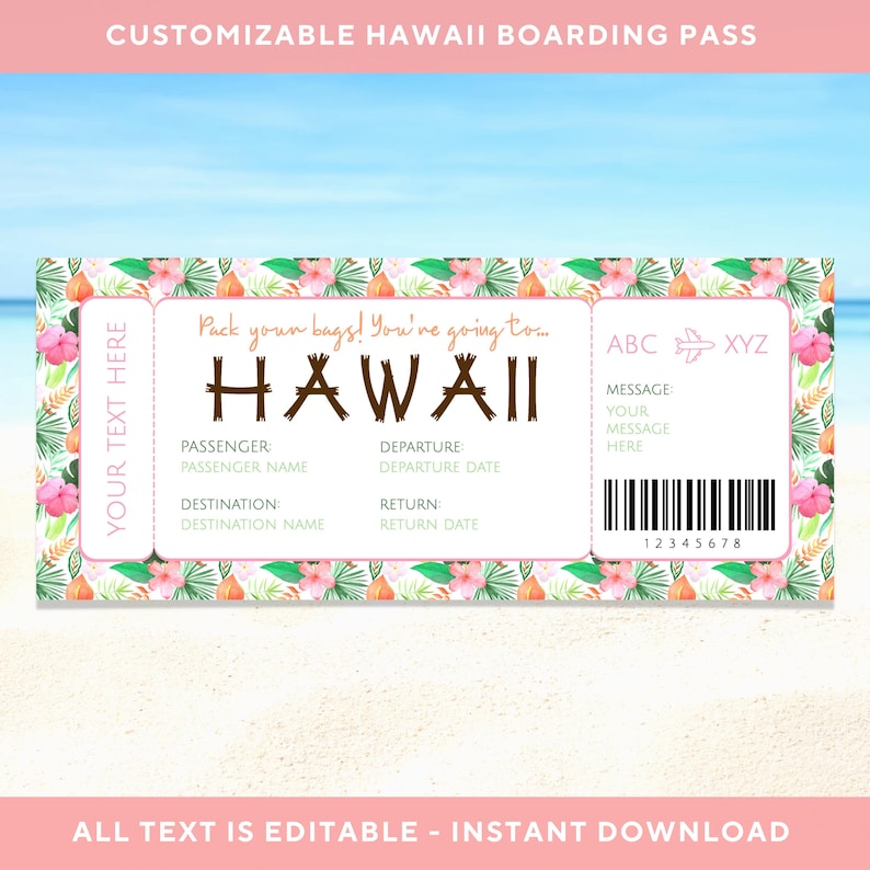 Editable Airline Ticket, Personalized Hawaiian Boarding Pass Printable ...