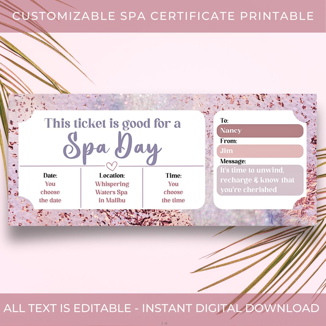 Spa Day Gift Certificate, Personalized Spa Day Ticket, Last Minute ...