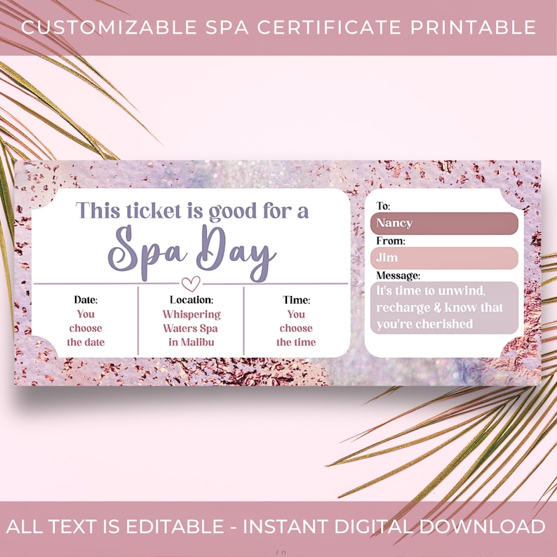 Spa Day Gift Certificate, Personalized Spa Day Ticket, Last Minute ...