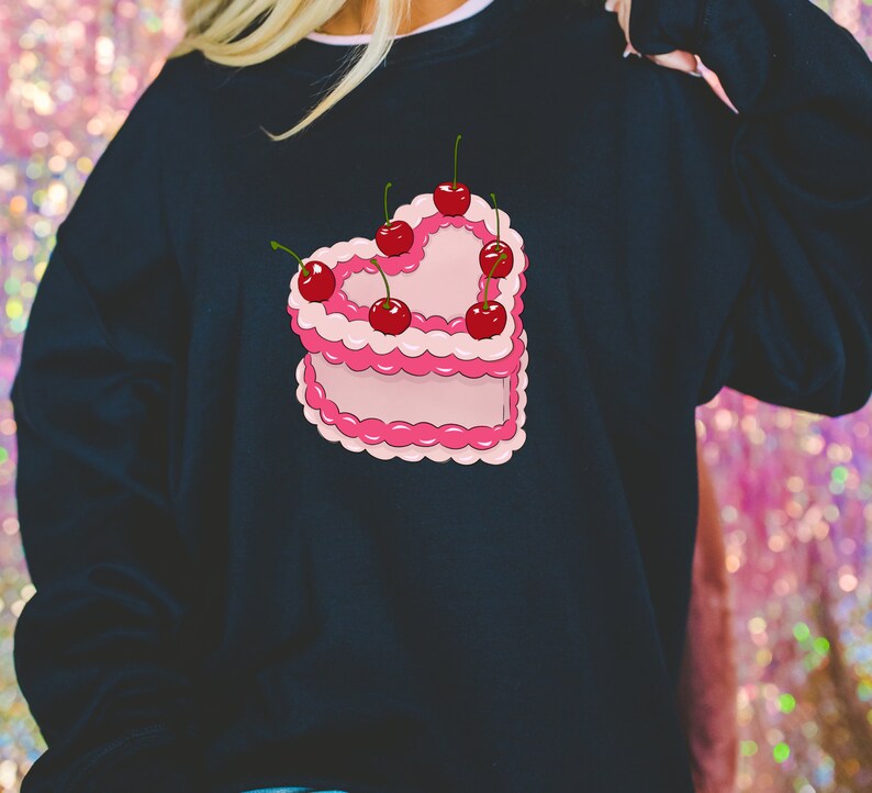 Pink Heart Cake Valentine Sweatshirt, Cute Vintage Style Pink Heart ...