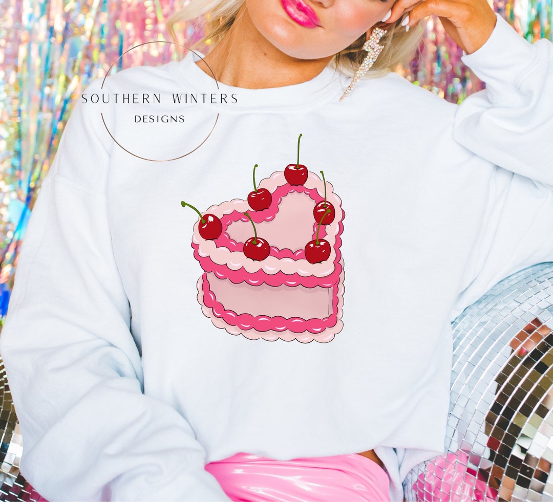 Pink Heart Cake Valentine Sweatshirt, Cute Vintage Style Pink Heart ...