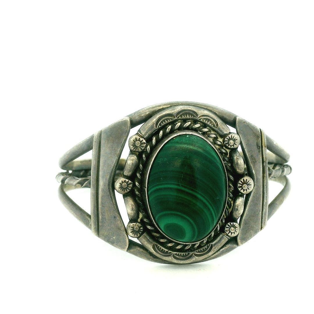Vintage Thompson Platero Navajo Sterling Silver Malachite Cuff Bracelet ...
