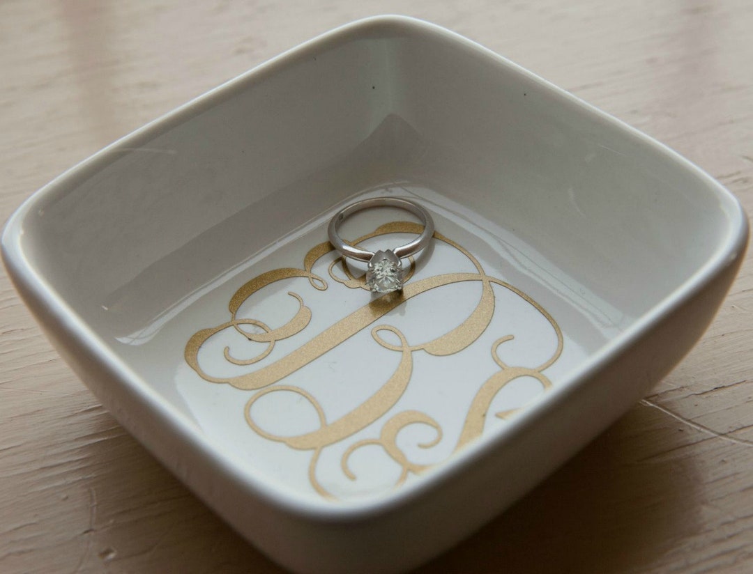 White Square Monogrammed Ring Dish, Engagement Ring Dish, Wedding Ring ...
