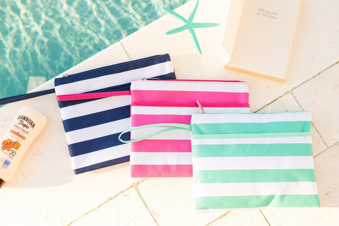 Monogrammed Stripe Bag, Sunscreen Bag, Wet Bag, Summer Zipper Pouch ...