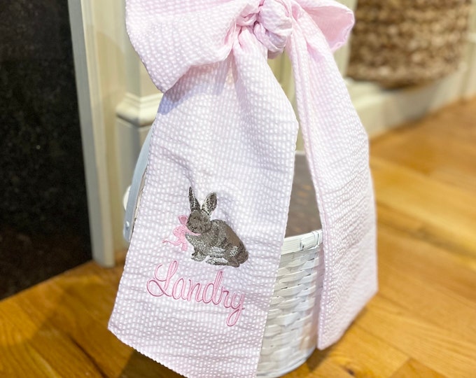 Personalized Easter Basket Bow, Seersucker Easter Bow, Easter Sash for Wreath, Monogram Easter ...