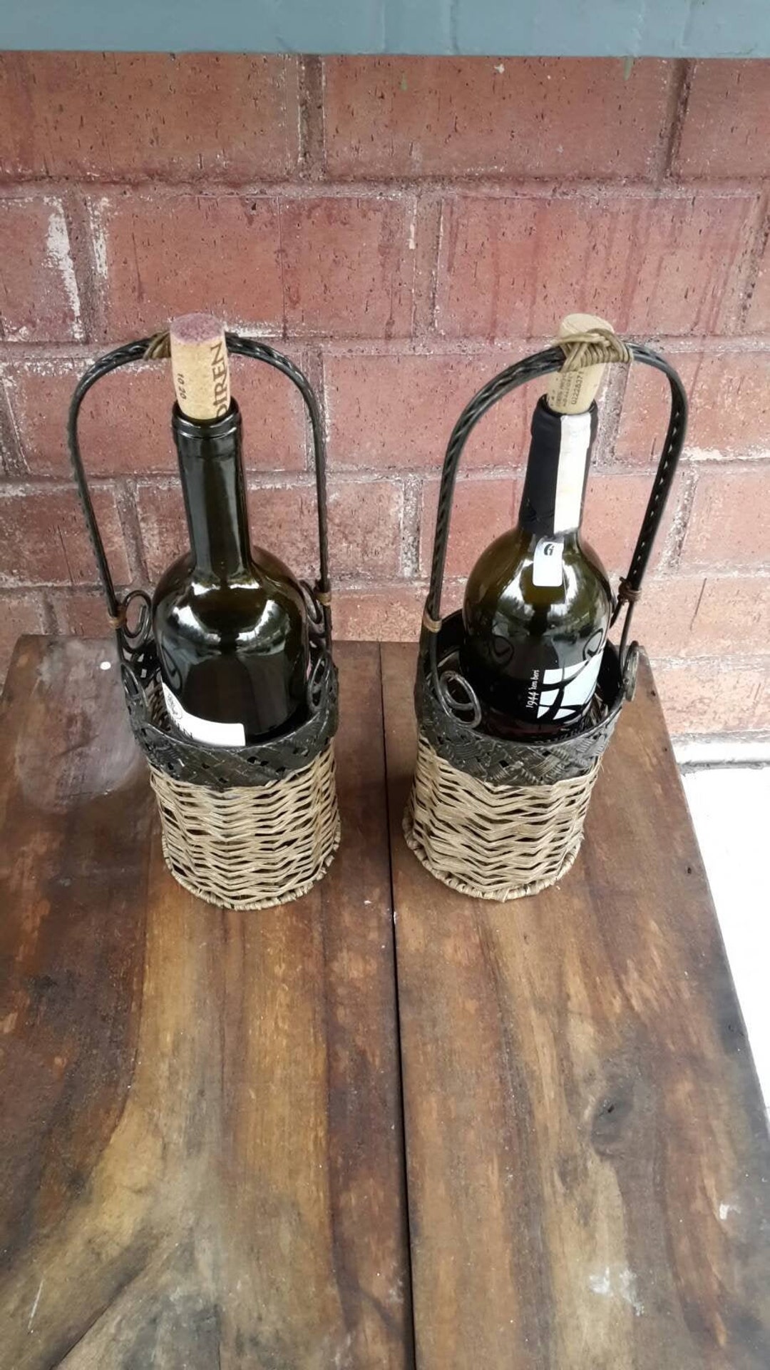Wine Bottle Holder Straw and Ferforge Set of 2 / Bottle Holder Vintage ...