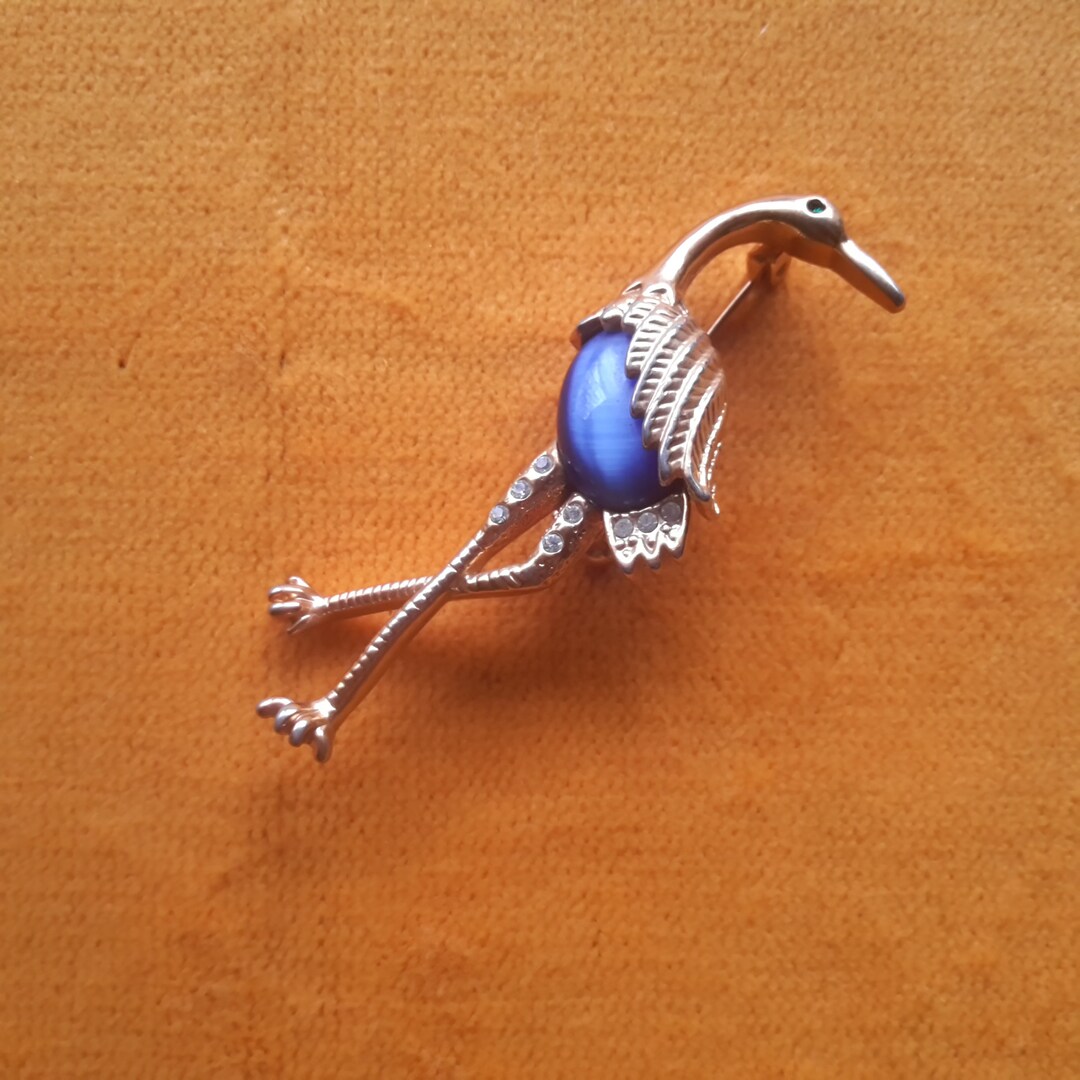 Flamingo Brooch Gold and Blue/crane Pin Blue Tiger Eye Cabachon Stone ...