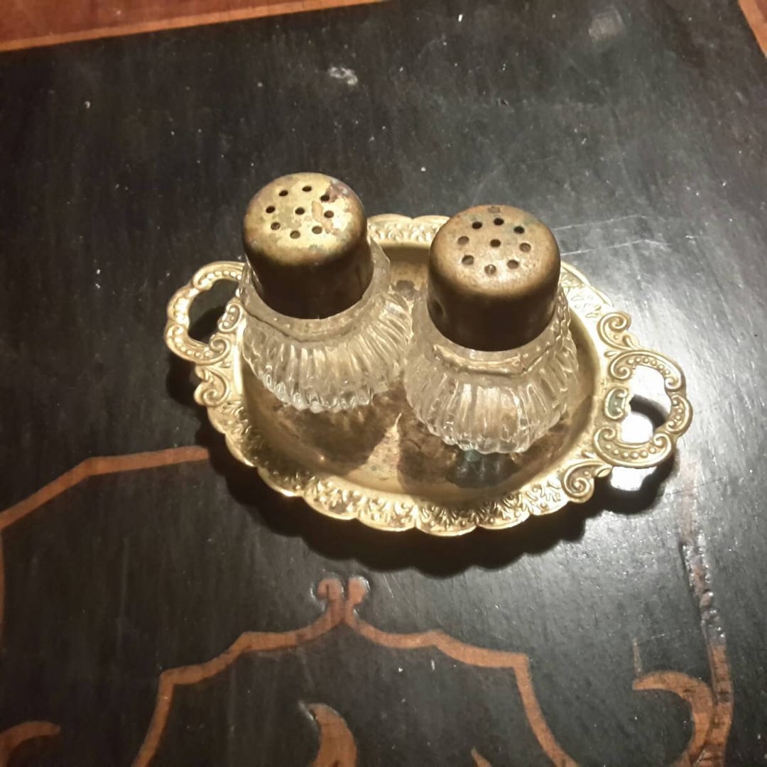 Vintage Tiny Salt and Pepper Shaker in Brass Tray - Etsy
