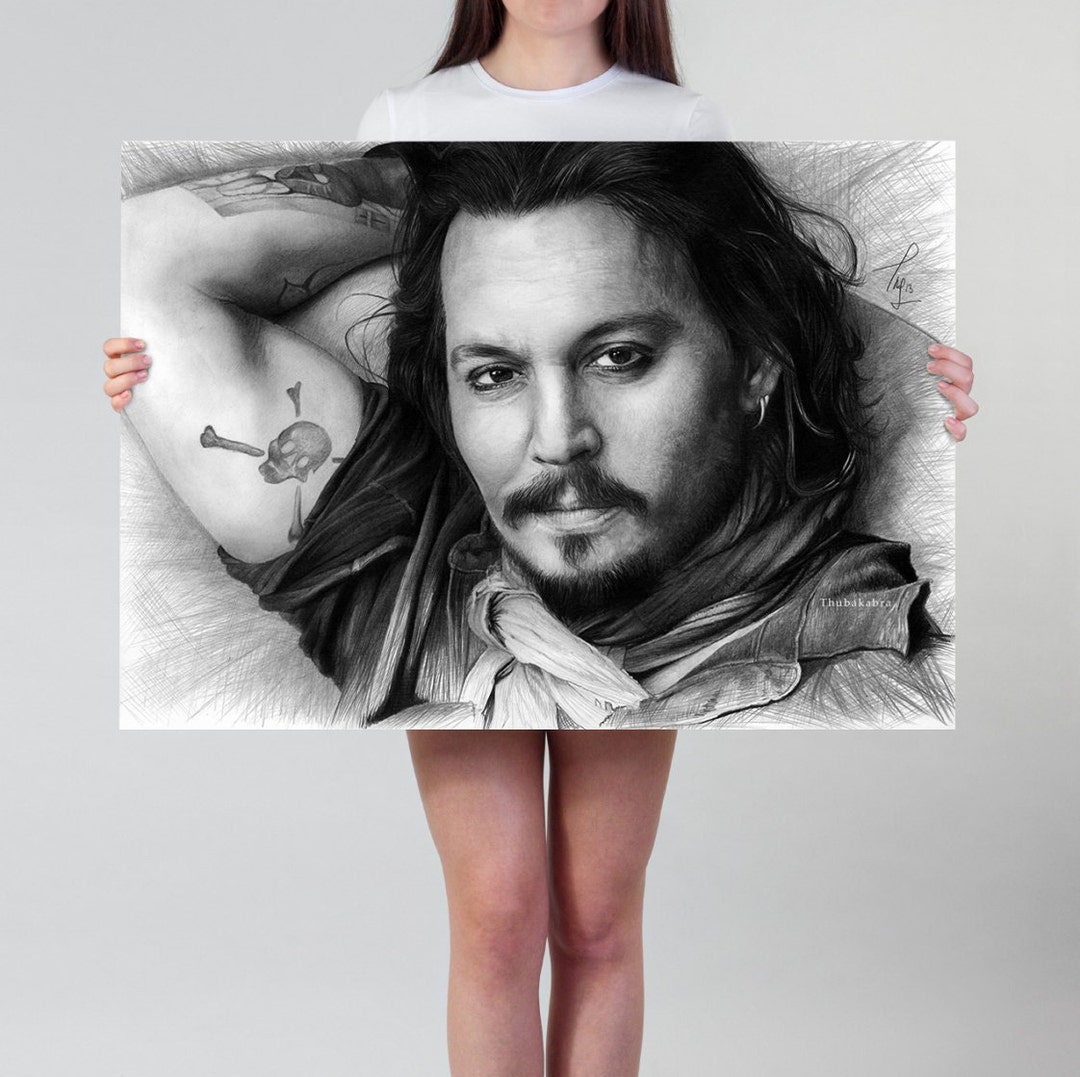 Impression de Johnny Depp Affiche d'art de dessin au crayon Johnny Depp noir et blanc Depp ...