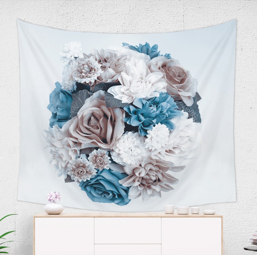 Flower Tapestry | Large Taupe Blue Flower Gift Wall Decor | Floral ...