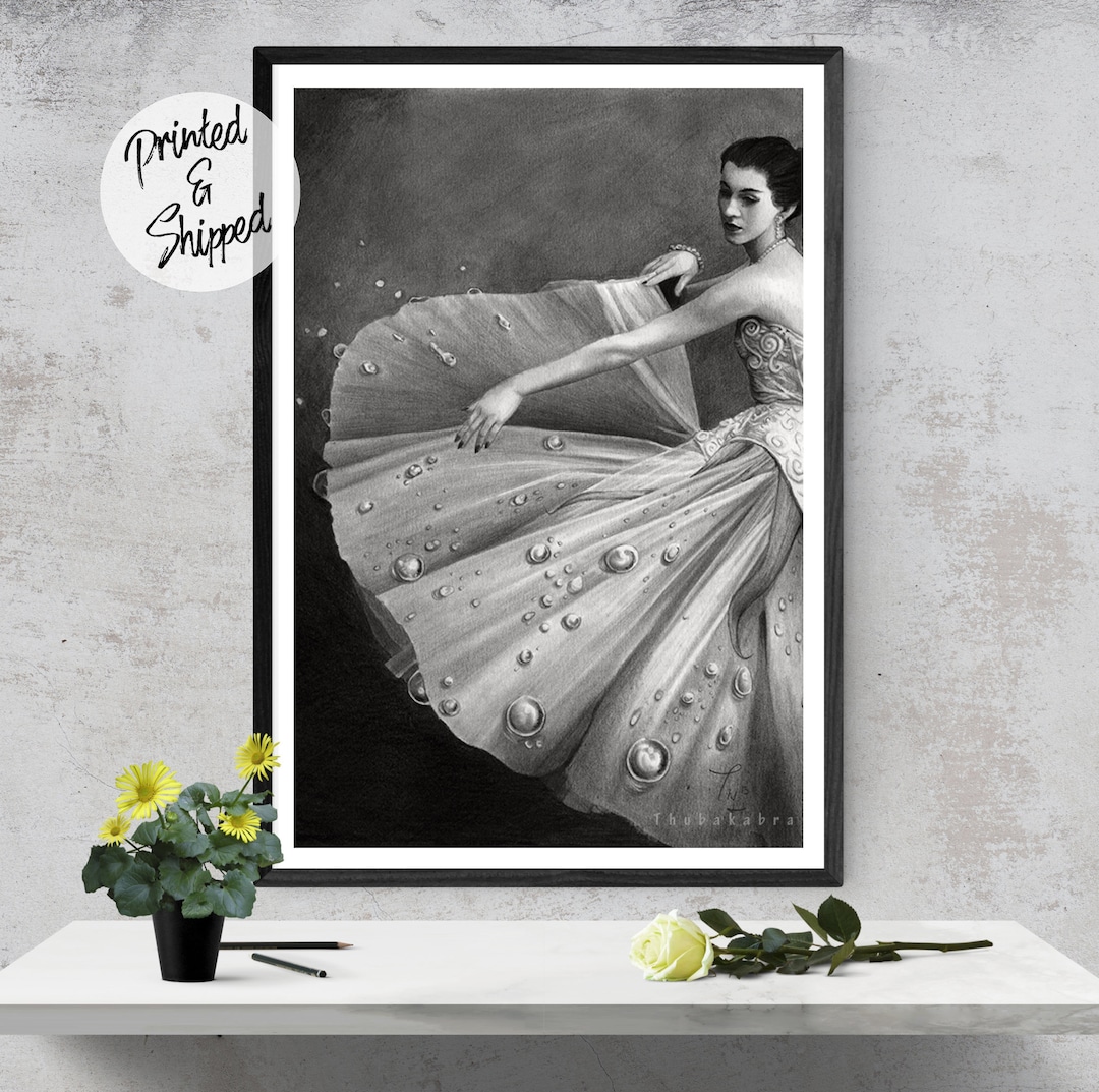 Dancing Girl Art Print Surreal Flower Pencil Drawing Fine Print Pencil ...