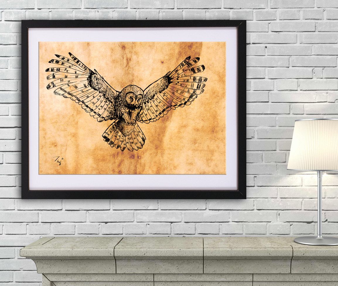 Owl Drawing Art PRINT Animal Ink Drawing on Old Paper GICLEE | Etsy
