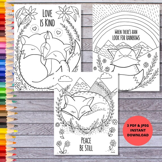 Printable Coloring Pages Cute Fox and Rainbows Instant | Etsy