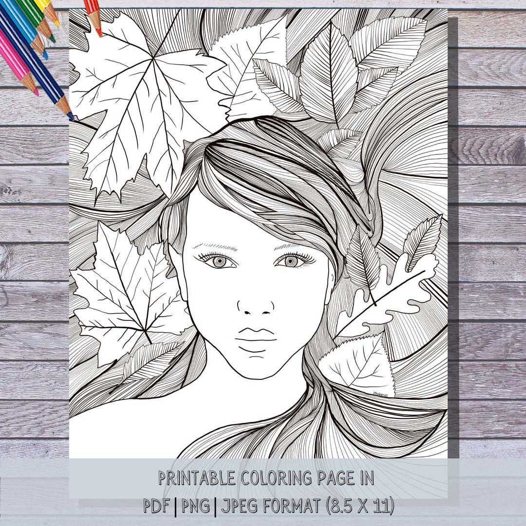 Fall Girl, Printable Coloring Page, Hand Drawn, Instant Download, Print ...