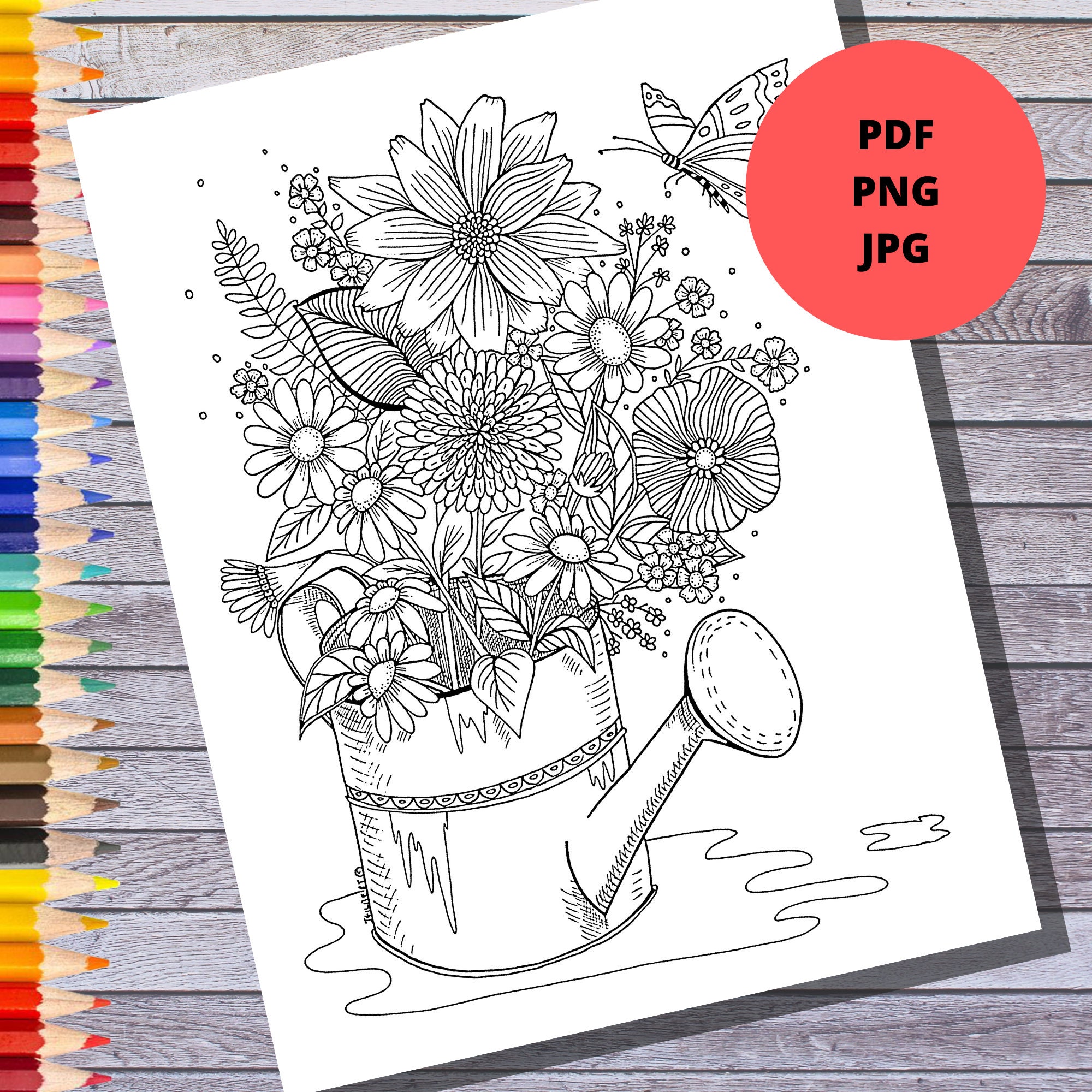 Flowers in Watering Can Coloring Page (digital Download) - Etsy