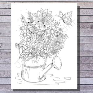 Printable Coloring Page | Flowers in a Watering Can | Floral Spring ...
