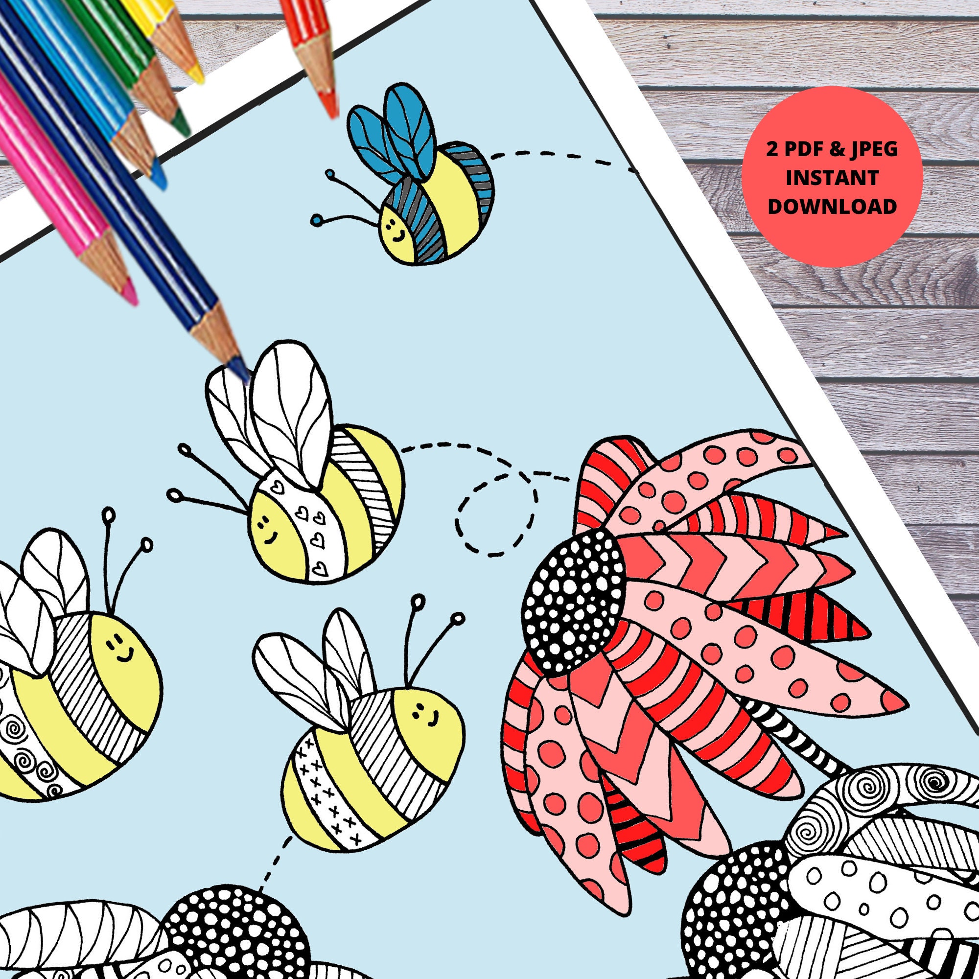 Bumbly Bees Printable Coloring Page Instant Download PDF & | Etsy
