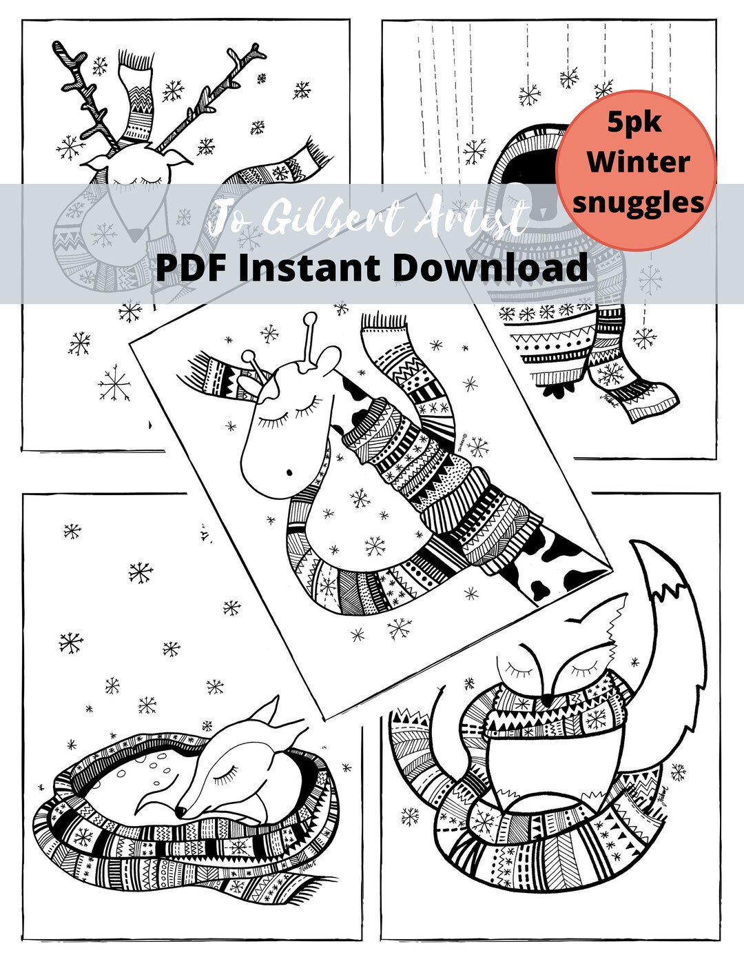 PDF Downloadable Coloring Page SET of 5 | Cute Christmas Animals ...