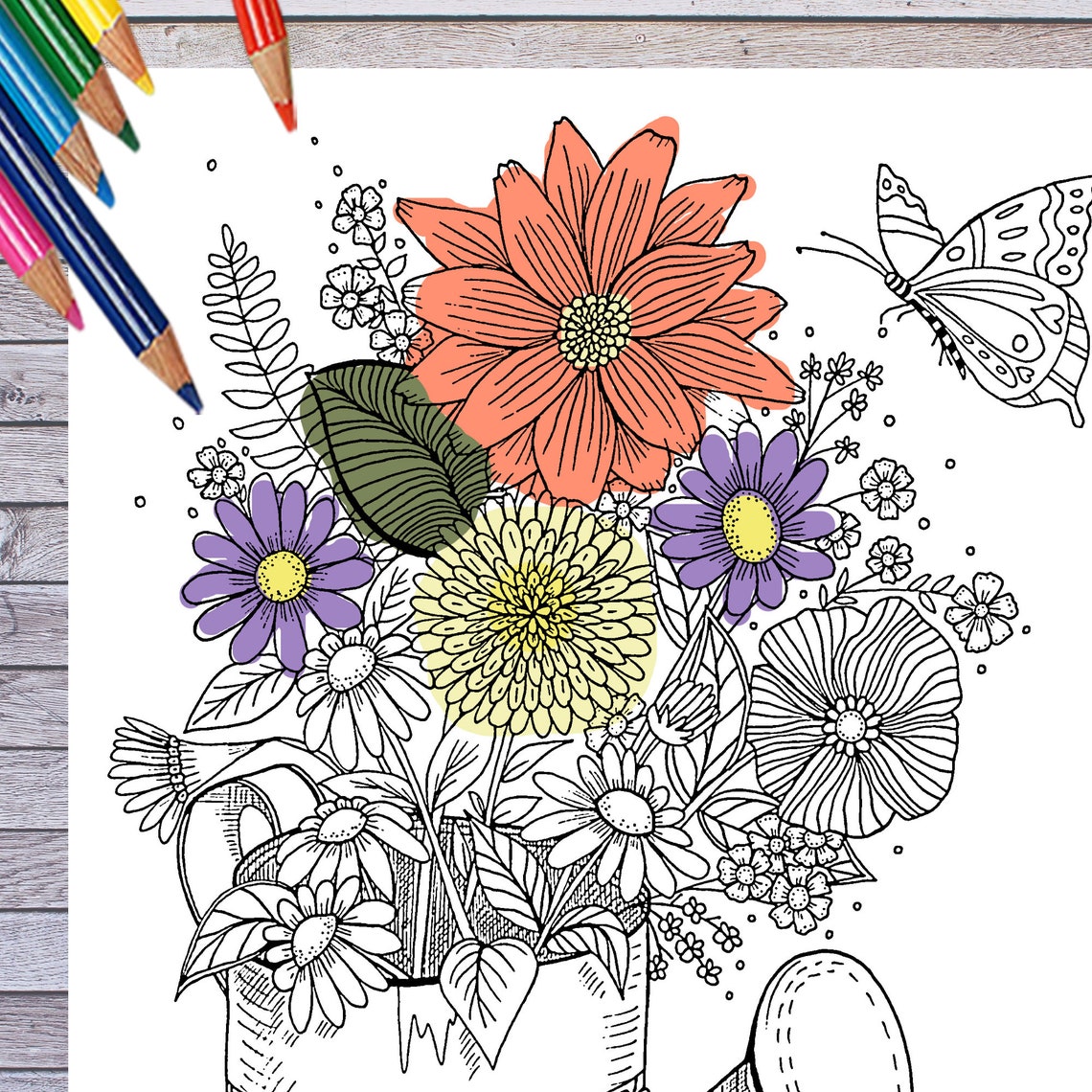 Printable Coloring Page Flowers in a Watering Can Floral - Etsy Canada