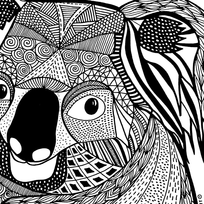 Koala Zentangle Coloring Page: Printable Art (PDF, PNG, JPEG) - Etsy