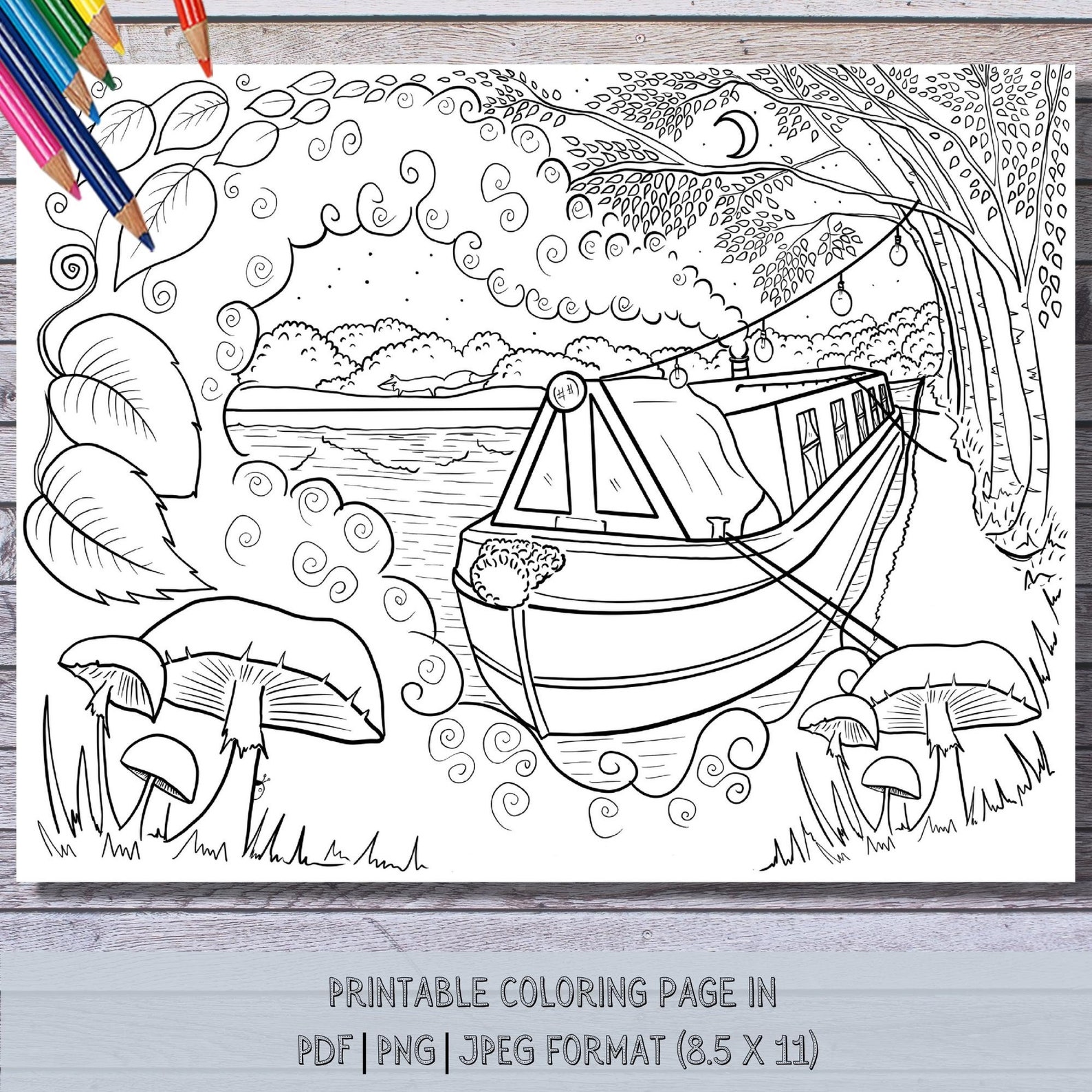 Canal Boat Coloring Page: Hand-illustrated Narrowboat Art (digital ...