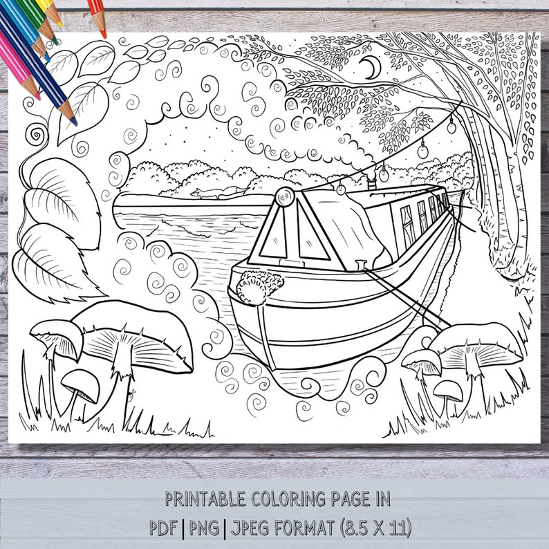 Canal Boat Coloring Page: Hand-illustrated Narrowboat Art (digital ...