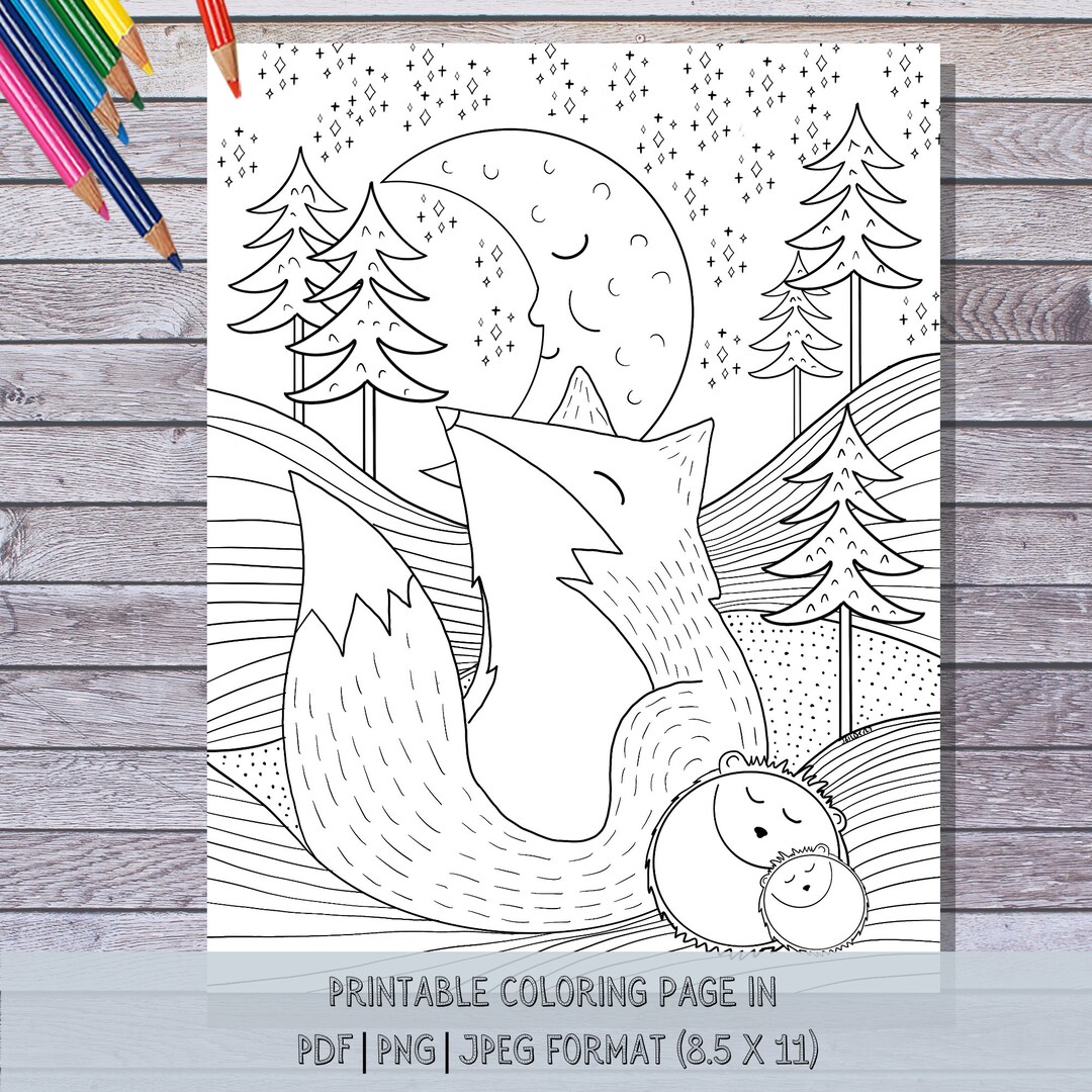 The Fox and the Moon Coloring Page | Instant Download | PDF, PNG, JPEG ...